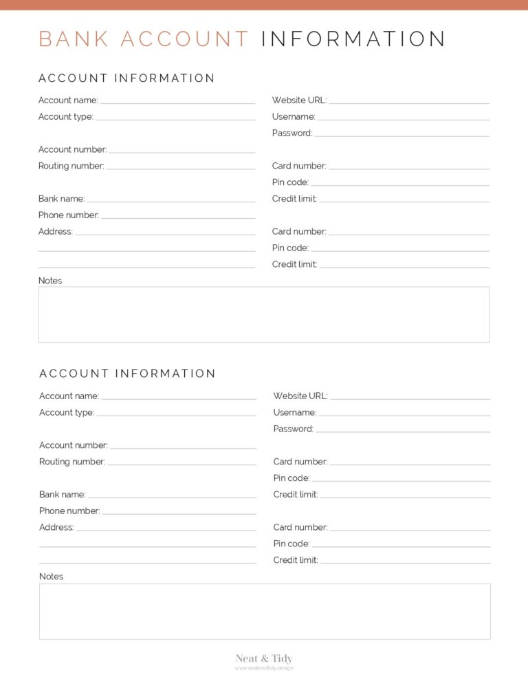 Bank Account Information - Neat and Tidy Design