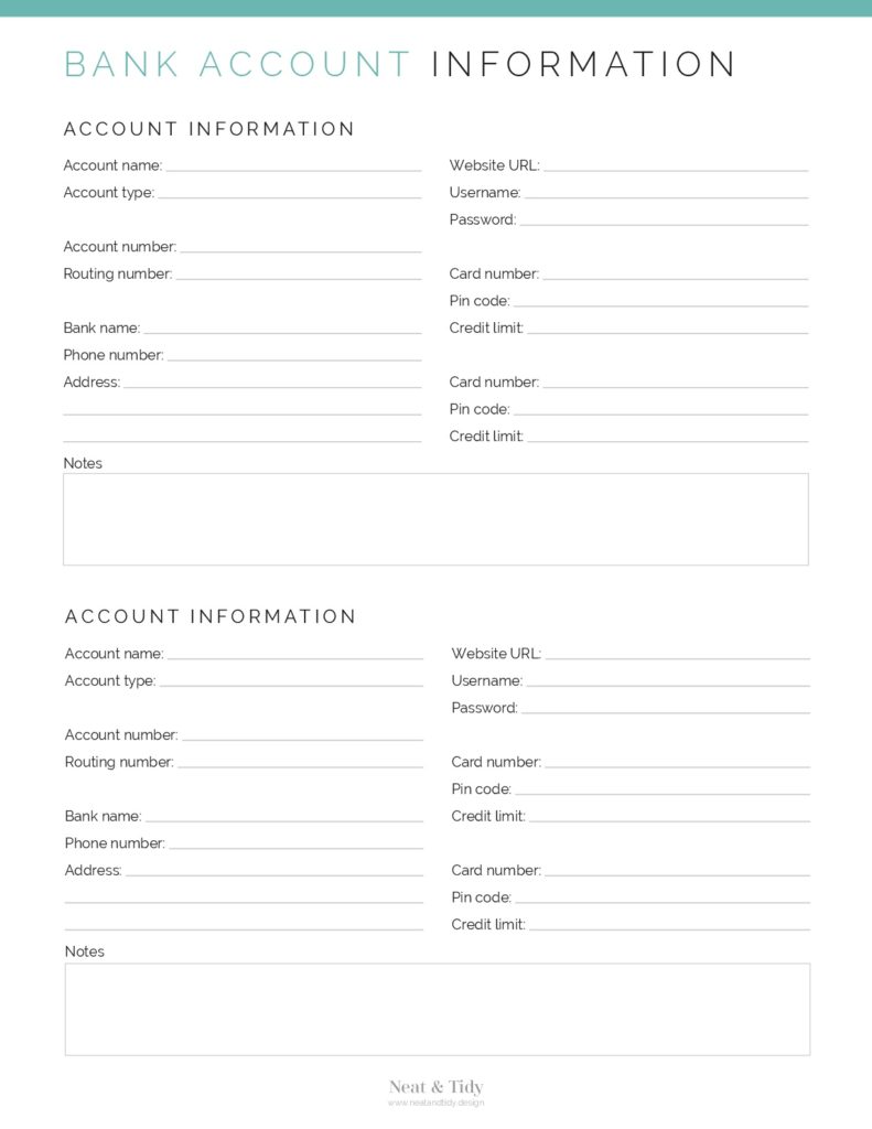 Bank Account Information - Neat and Tidy Design