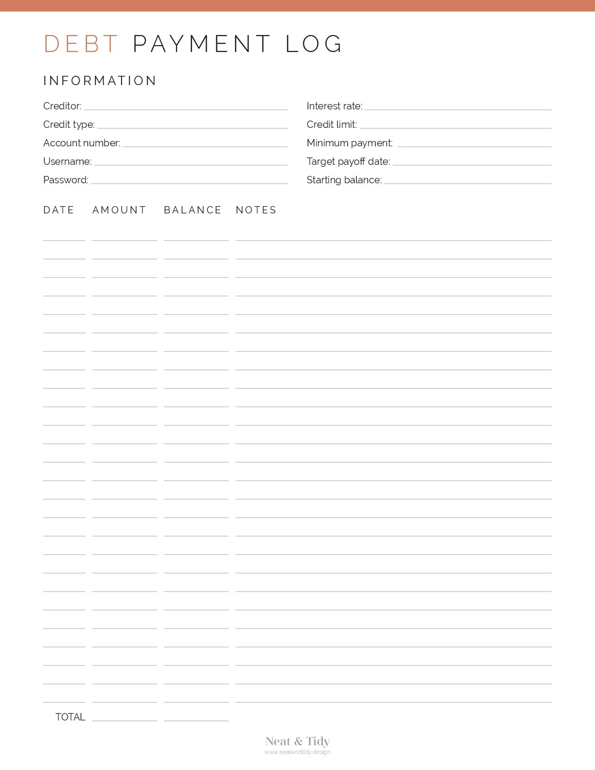 Debt Payment Log - Neat and Tidy Design