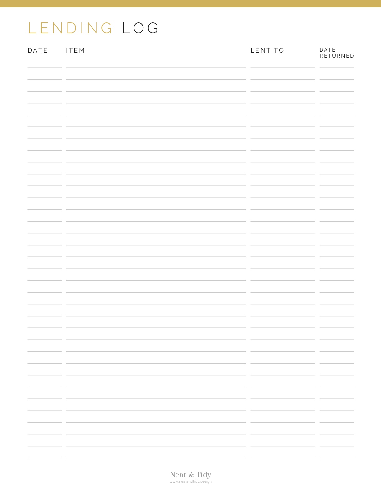 Lending Log - Neat and Tidy Design