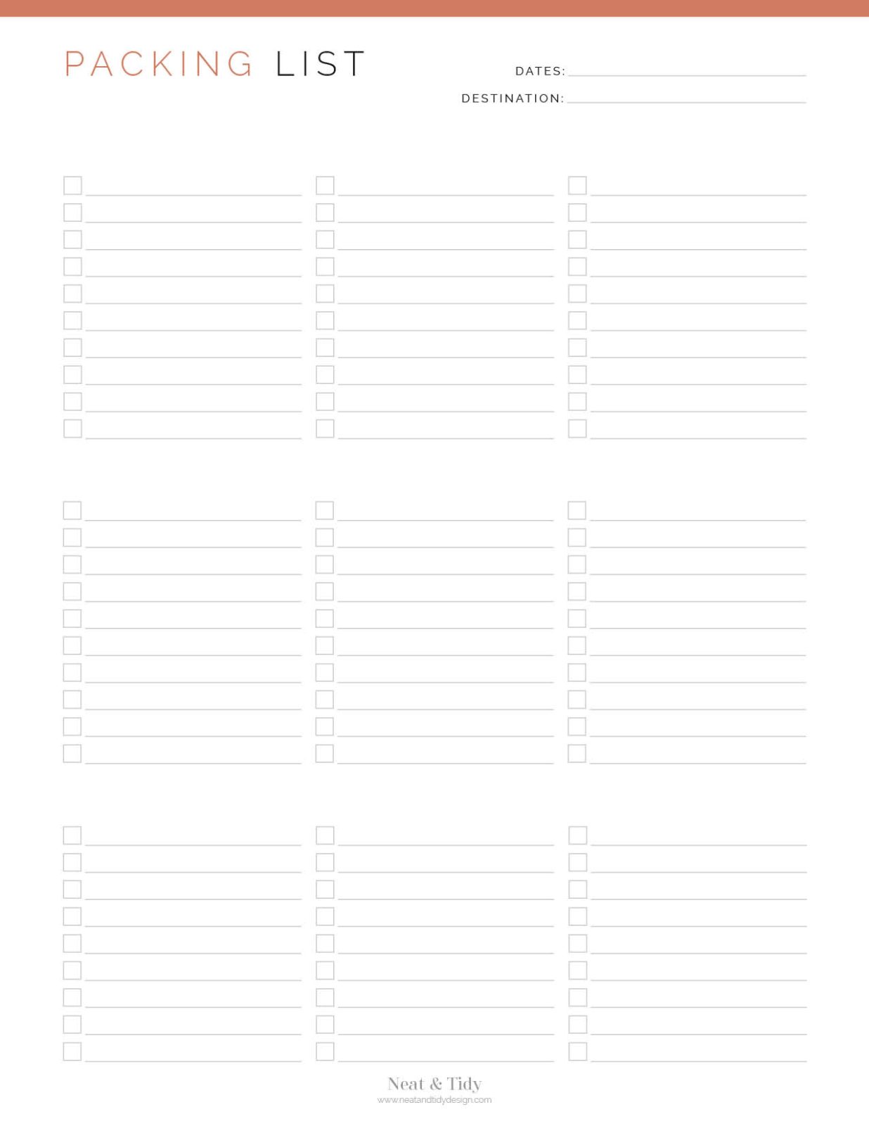 Travel Packing List - Neat and Tidy Design