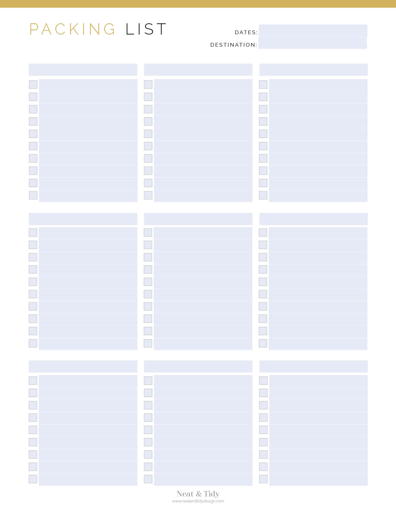 Travel Packing List - Neat and Tidy Design