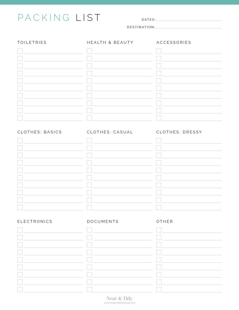 Travel Packing List - Neat and Tidy Design