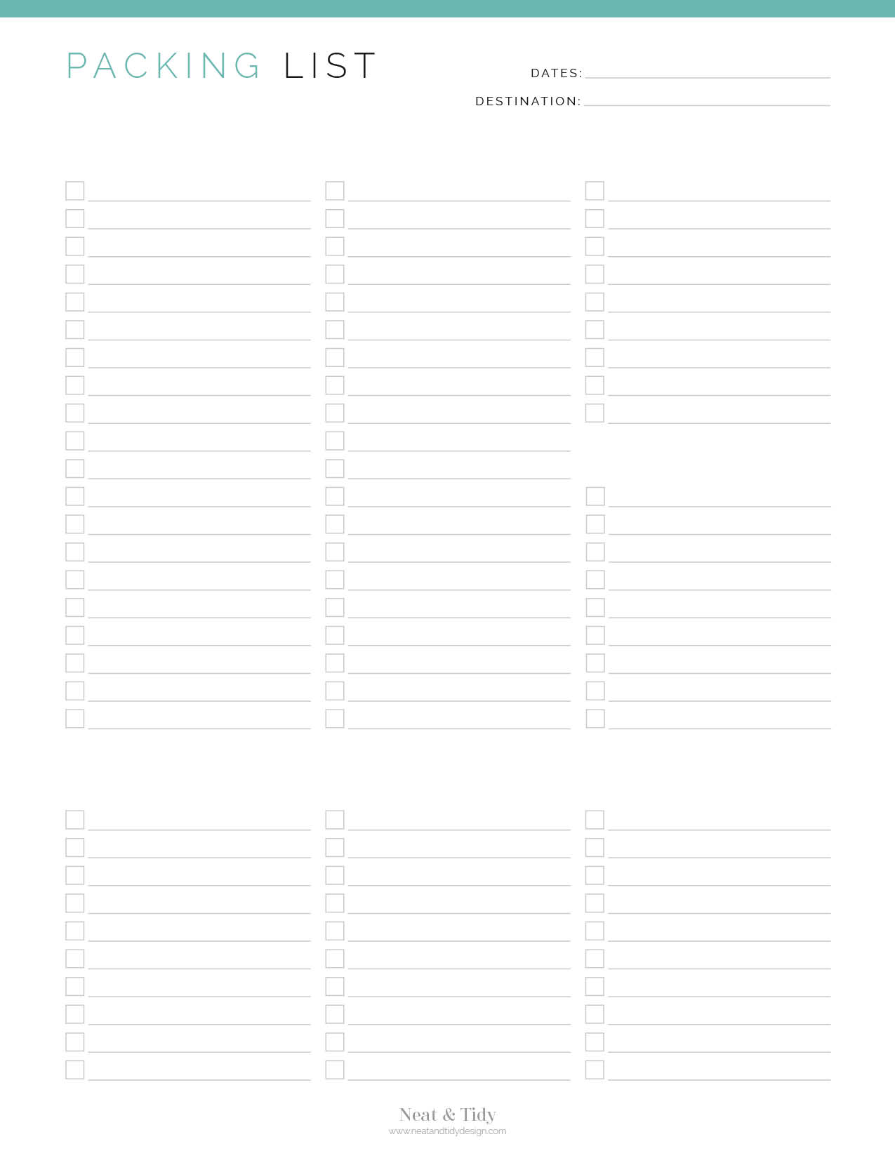 Travel Packing List - Neat and Tidy Design