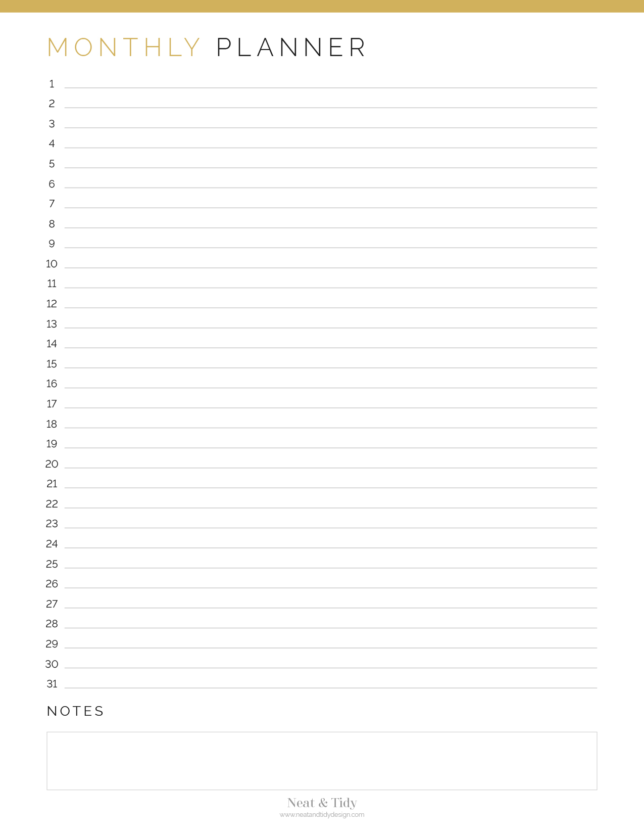 Monthly Planner - Calendar & List View - Neat and Tidy Design