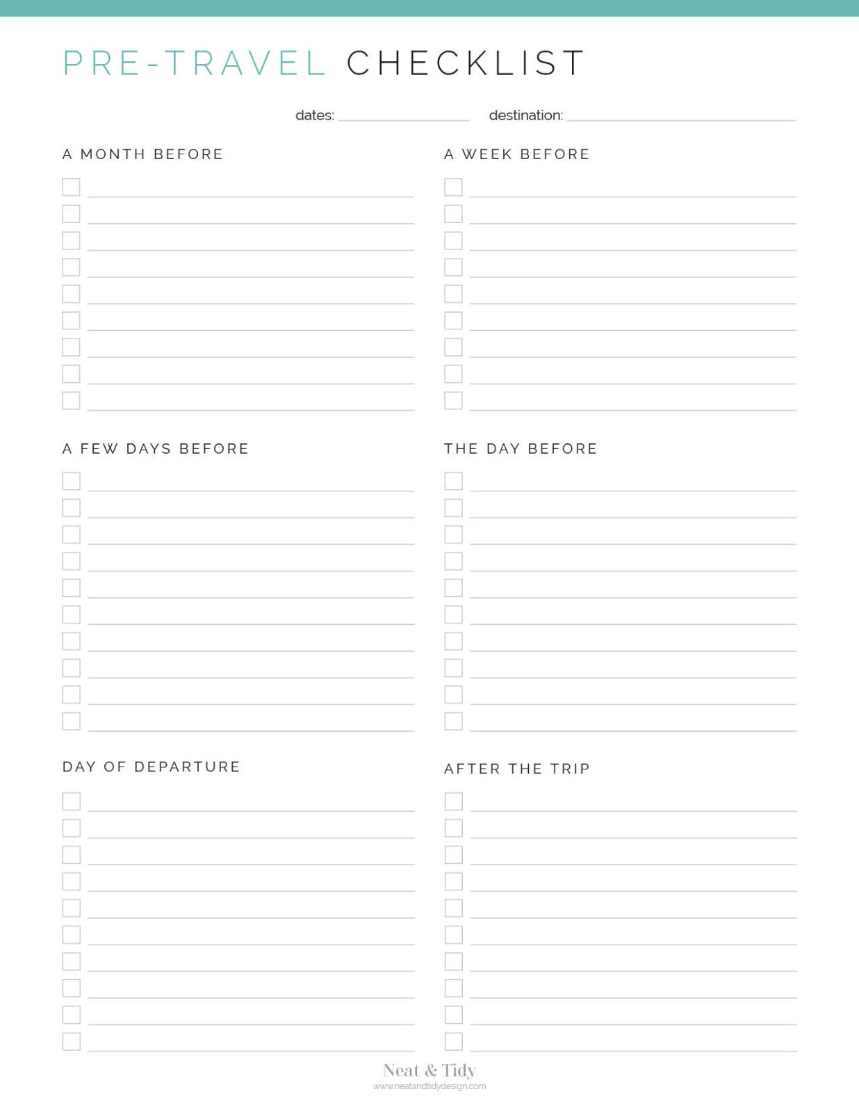 Pre-Travel Checklist - Neat and Tidy Design