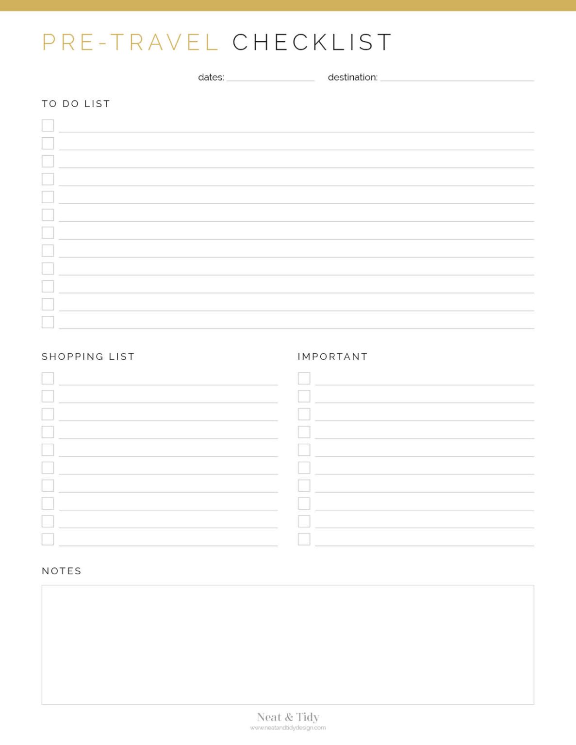 Pre-Travel Checklist - Neat and Tidy Design