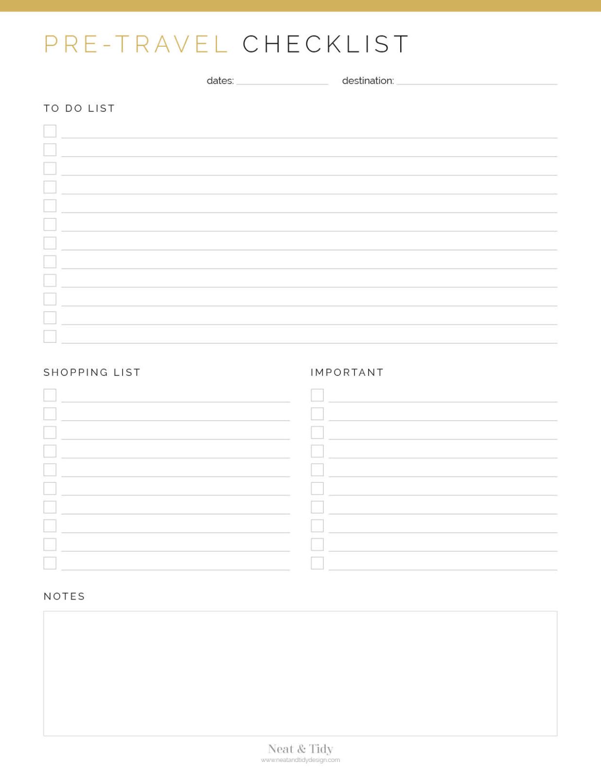 Pre-Travel Checklist - Neat and Tidy Design