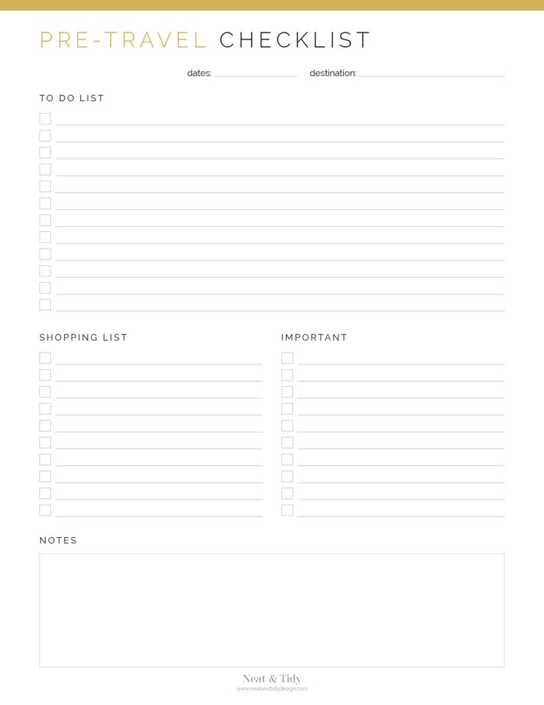 Pre-Travel Checklist - Neat and Tidy Design