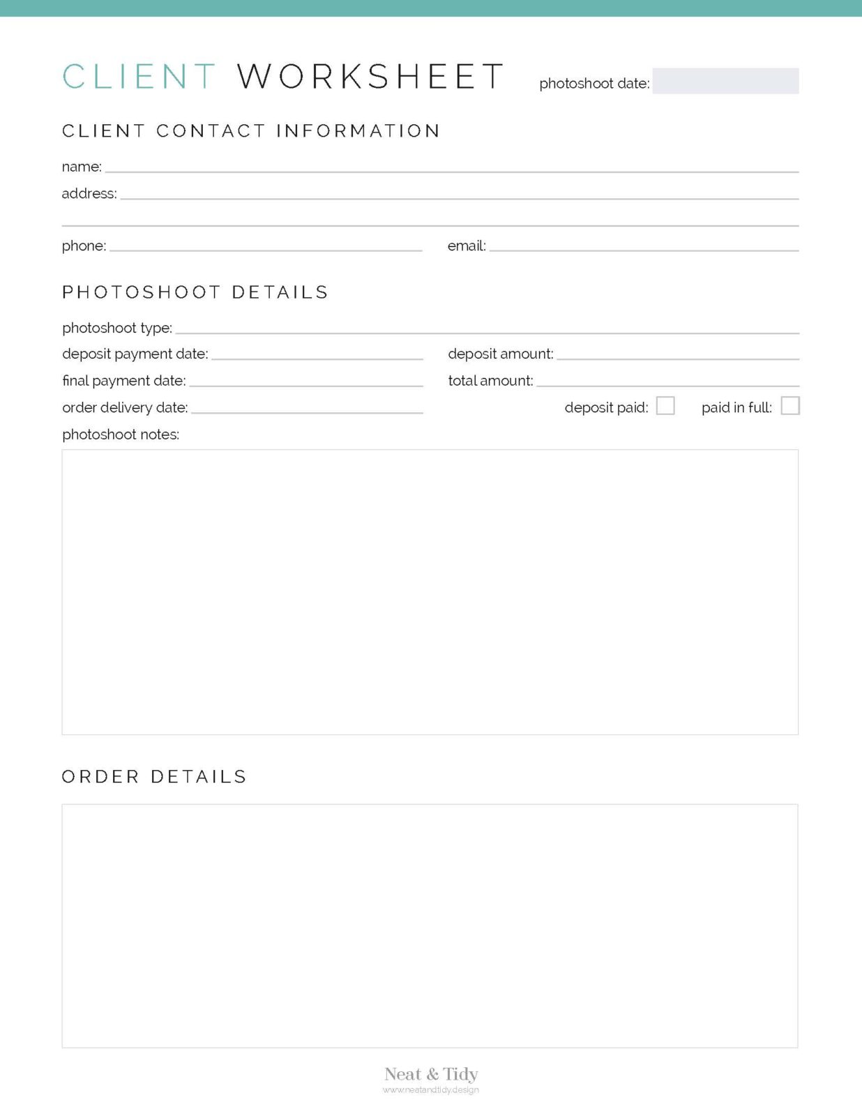Client Worksheet: Photography - Neat and Tidy Design