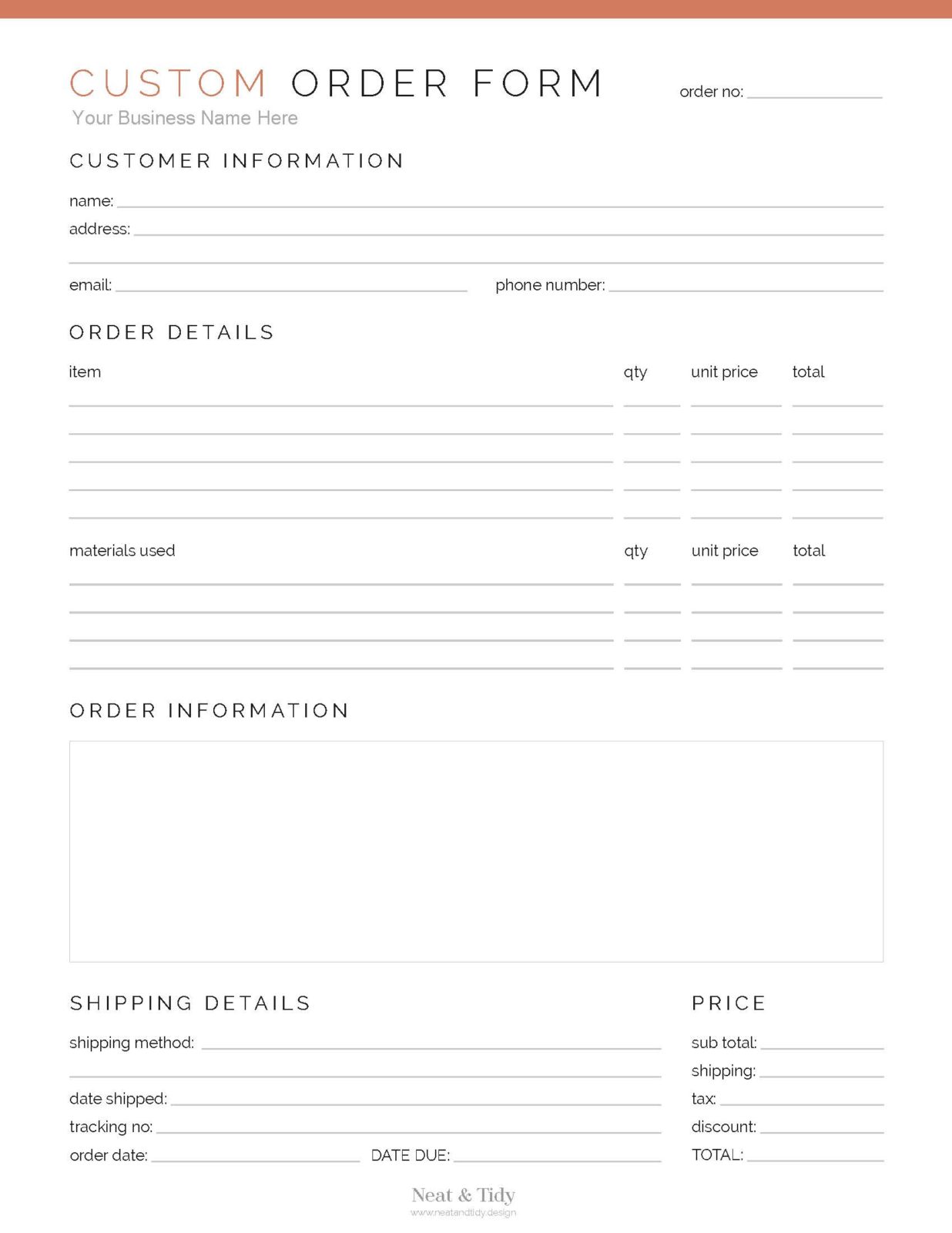 Custom Order Form - Neat and Tidy Design