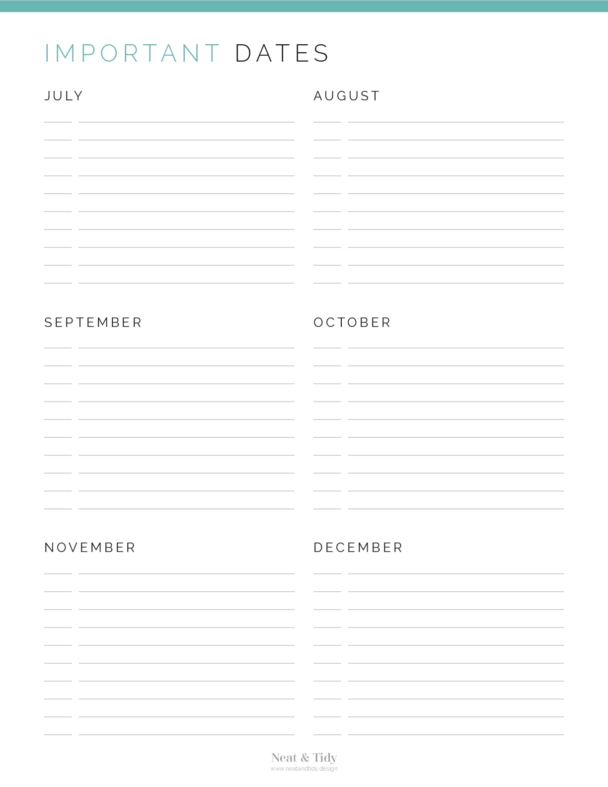 Important Dates - Neat and Tidy Design