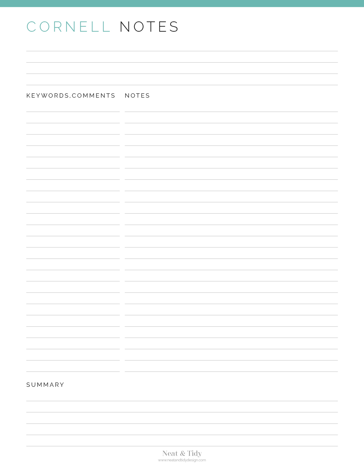 Cornell Notes, lined and unlined versions - Neat and Tidy Design