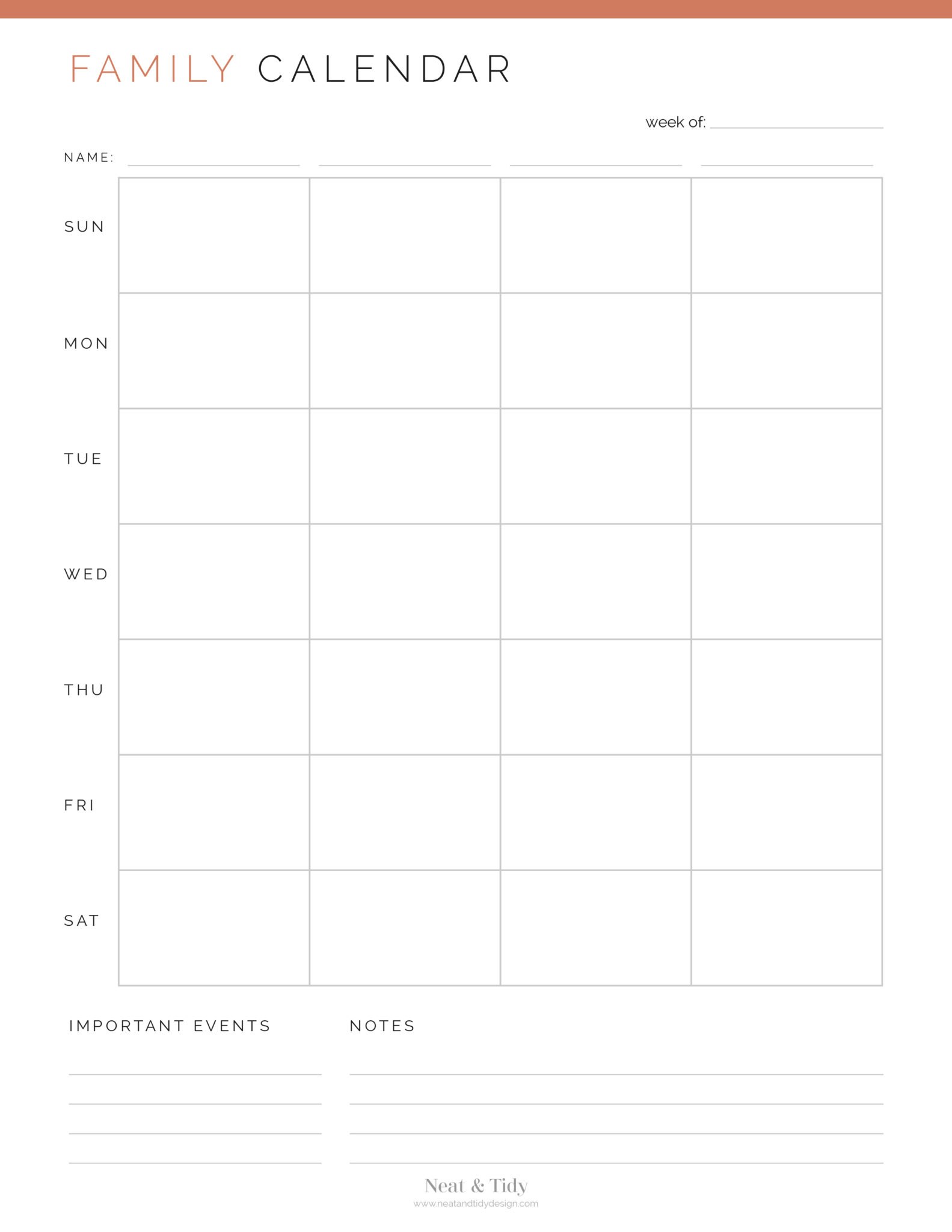 Weekly Family Calendar - Neat and Tidy Design