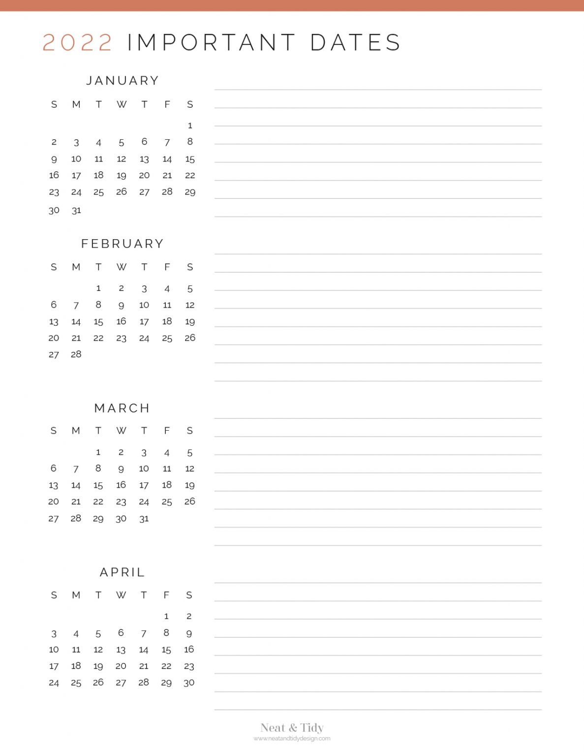 2022 Important Dates - Neat and Tidy Design