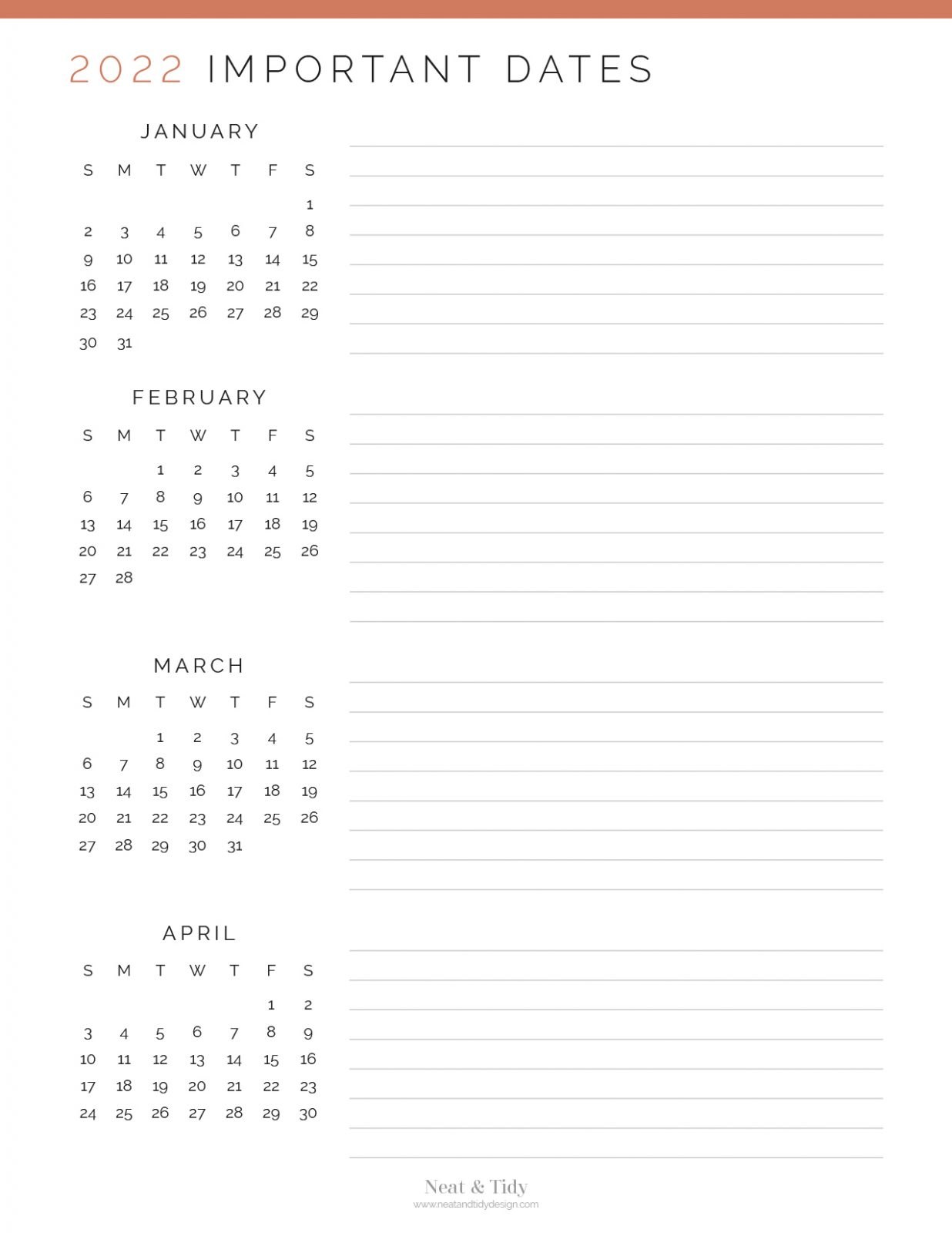2022 Important Dates - Neat and Tidy Design