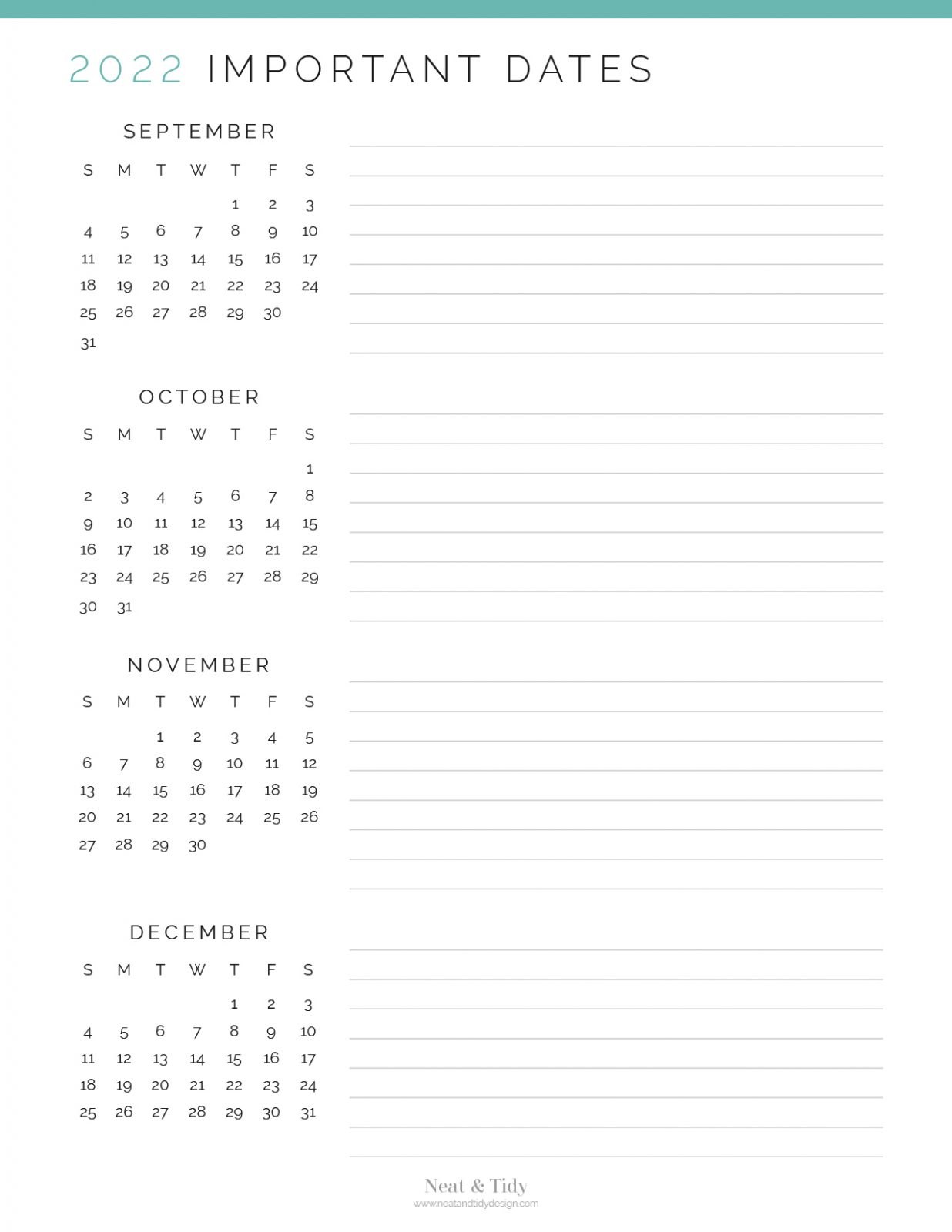 2022 Important Dates - Neat and Tidy Design
