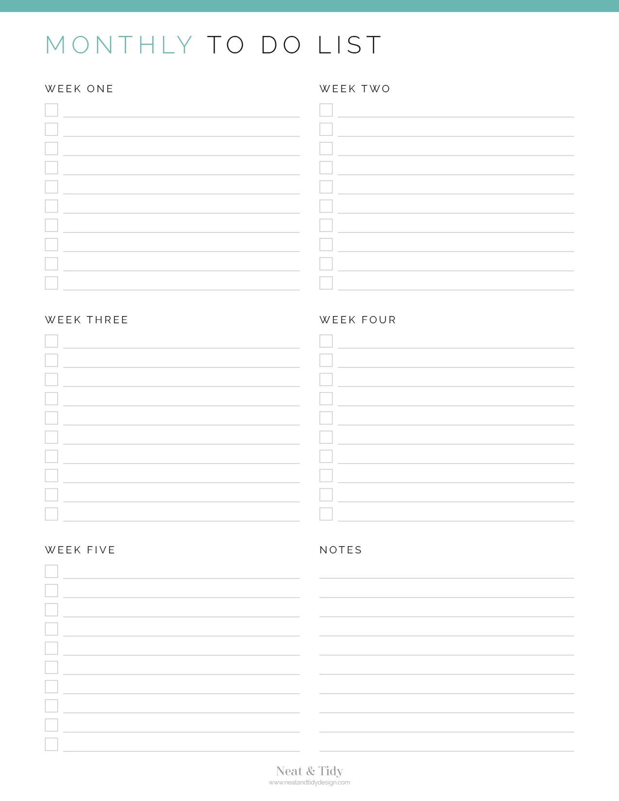 Monthly To Do List - Neat and Tidy Design