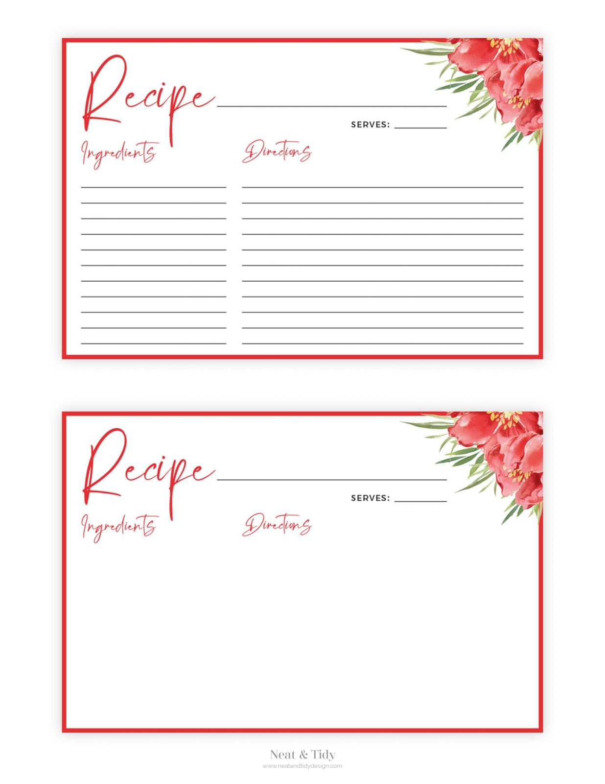 4x6" Recipe Card - Floral - Neat and Tidy Design