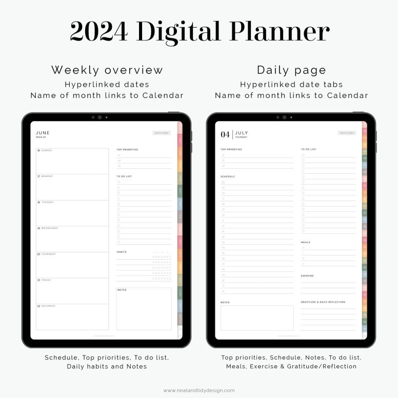 Digital 2024 Daily, Weekly, Monthly Planner - Neat and Tidy Design