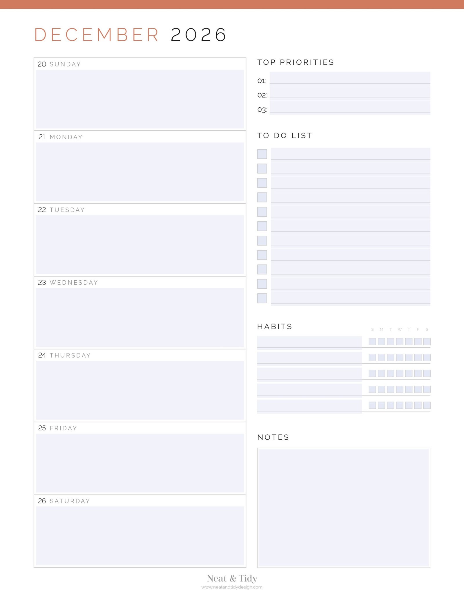2026 Weekly Planner - Neat and Tidy Design
