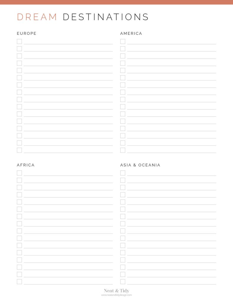 Dream Travel Destinations & Bucket List - Neat and Tidy Design